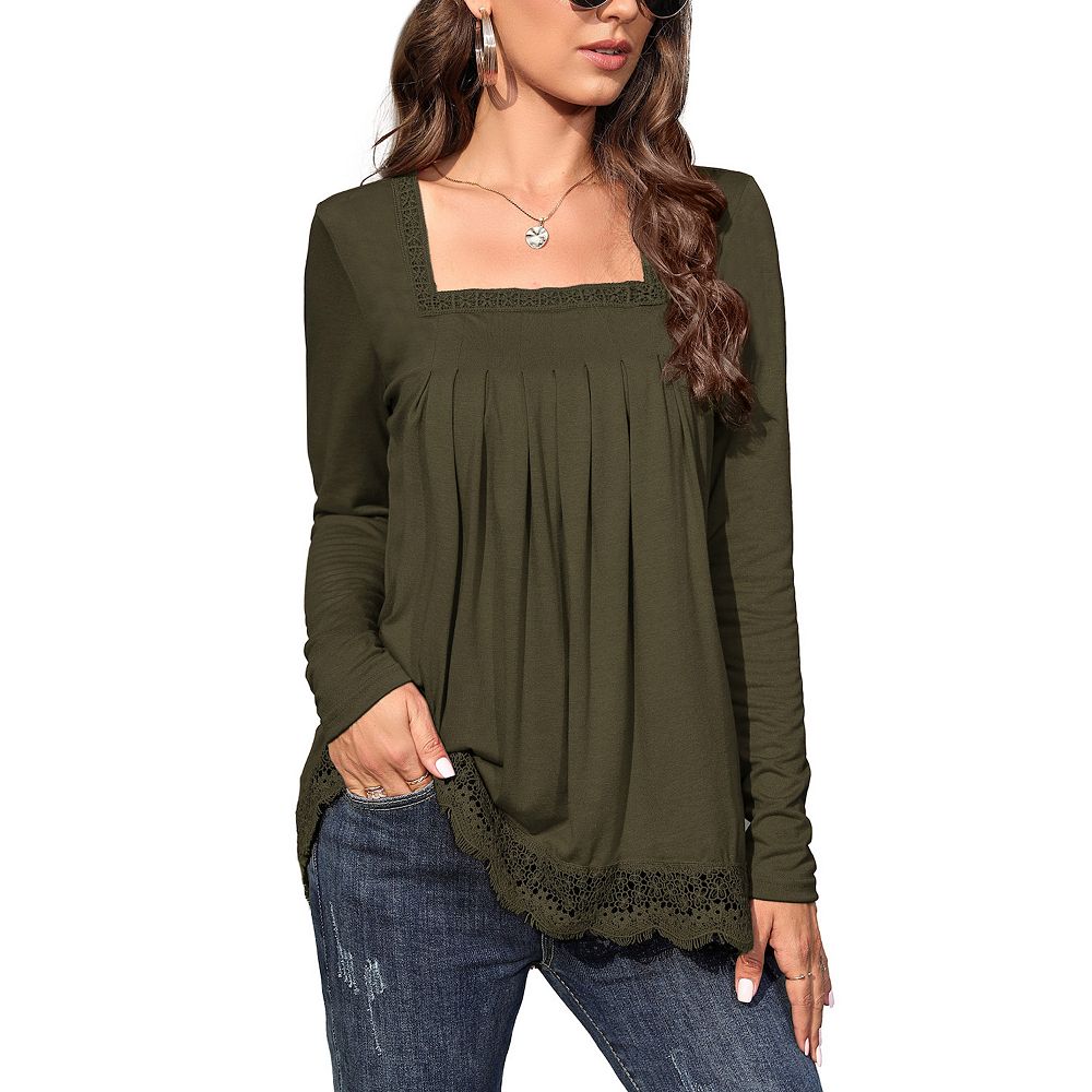 Long Sleeve Tunic Tops For Women Plus Size Square Neck T Shirt Solid ...