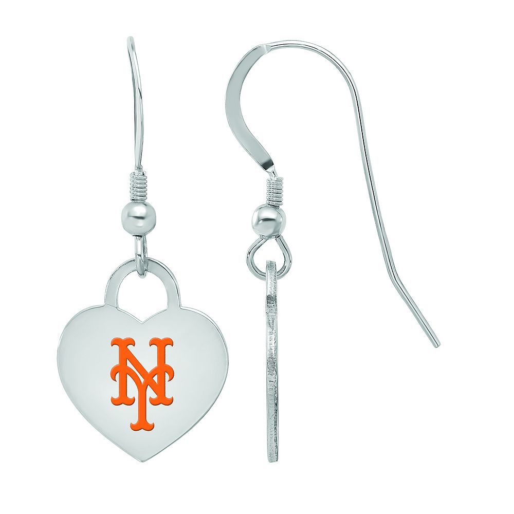 LogoArt Sterling Silver New York Mets Heart Dangle Earrings