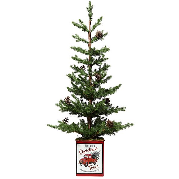 24 Inch Potted Tree with Pinecones, Metal Pot with Classic Red Truck
