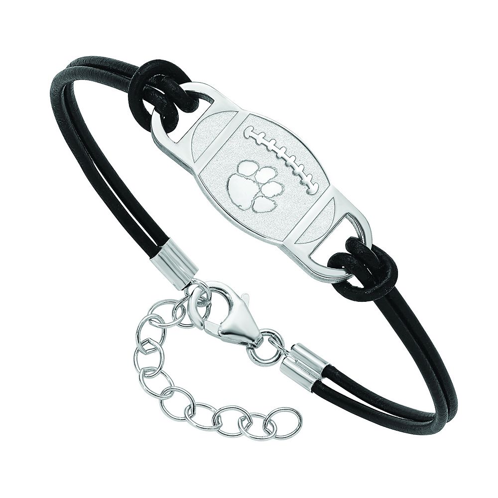 LogoArt Sterling Silver Clemson Black Leather Bracelet