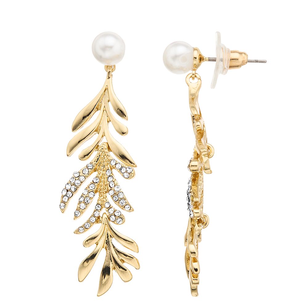 PANNEE BY PANACEA Gold Tone Crystal & Simulated Pearl Leaf Linear Drop ...