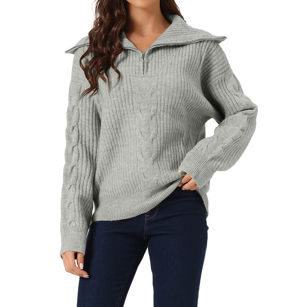 Women's Long Sleeve Half Zip V Neck Collar Ribbed Knitted Sweaters ...