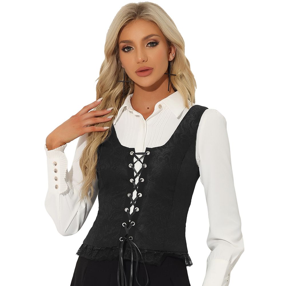 Gothic Jacquard Lace Up Vest for Women's U Neck Sleeveless Vintage ...