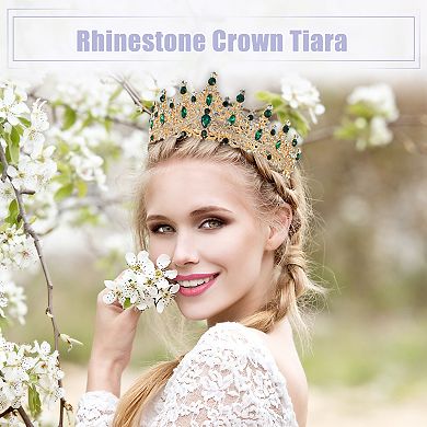 Women Faux Crystal Princess Crowns Tiara Rhinestone Tiaras Gold Tone Green