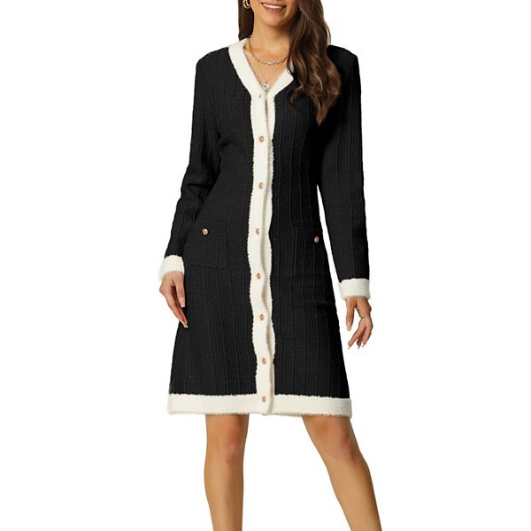 Women's Contrast Color Dress Long Sleeve Open Front Button Down Sweater ...