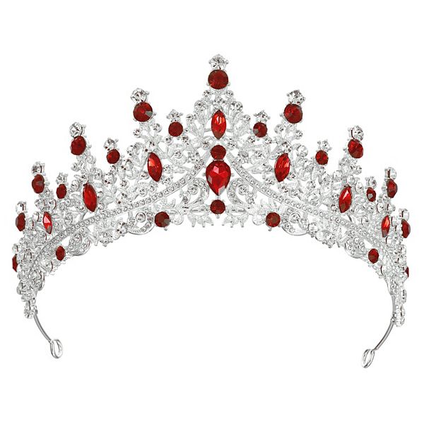 Women Faux Crystal Princess Crowns Tiara Rhinestone Tiaras Silver Tone Red