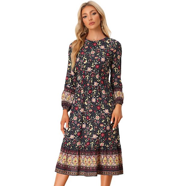 Women s Boho Floral Long Sleeves Maxi Dress