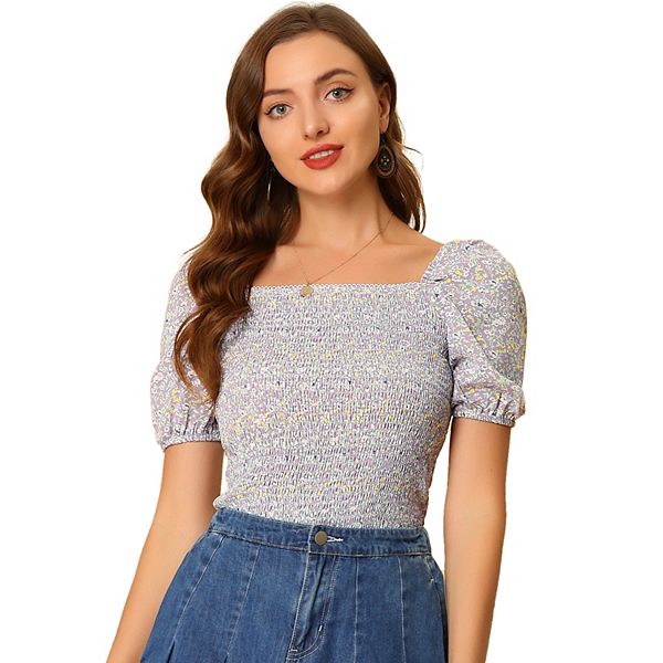 Women's Floral Square Neck Puffy Sleeve Smocked Crop Blouse Top