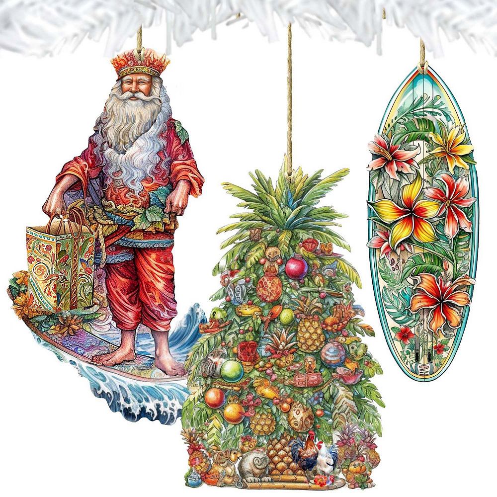 Santa Around The World - Hawaiian Santa - Christmas Wooden Ornaments ...
