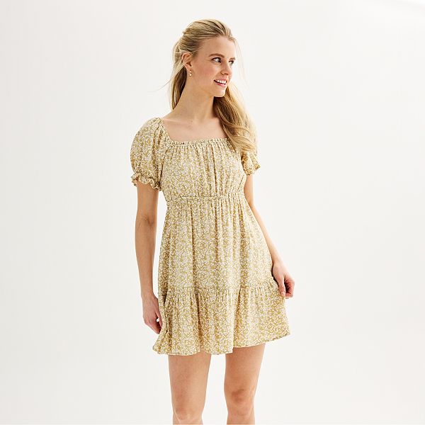 Juniors' Rewind Puff Sleeve Tiered Dress