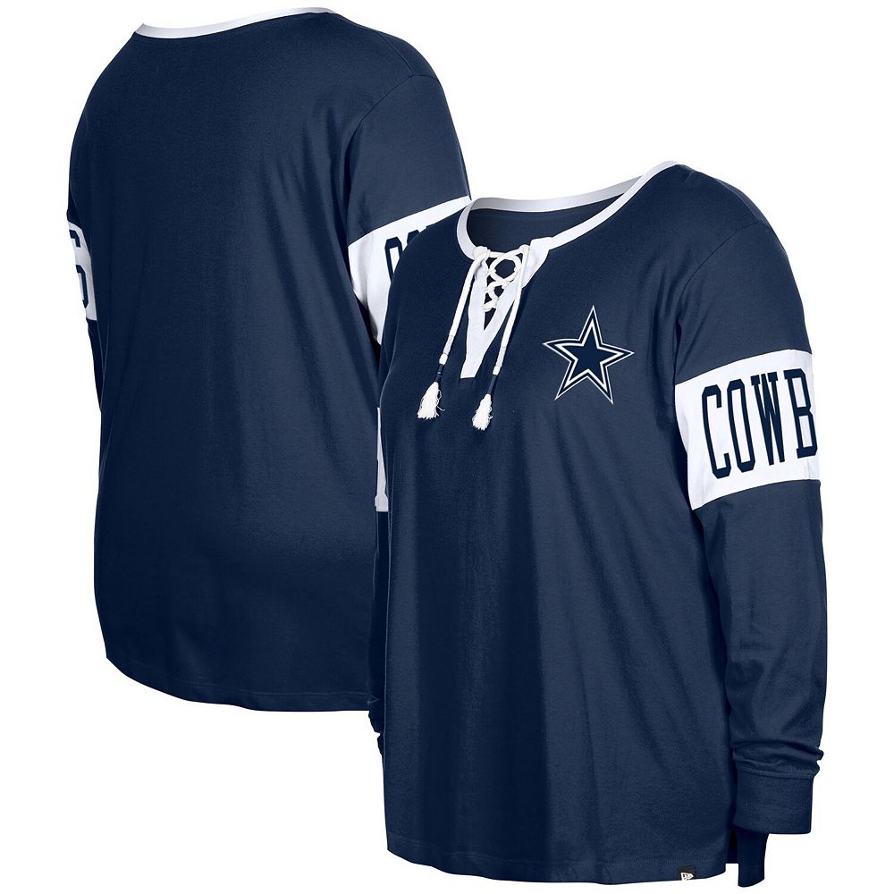 Women's New Era Navy Dallas Cowboys Plus Size Lace-Up Notch Neck Long ...