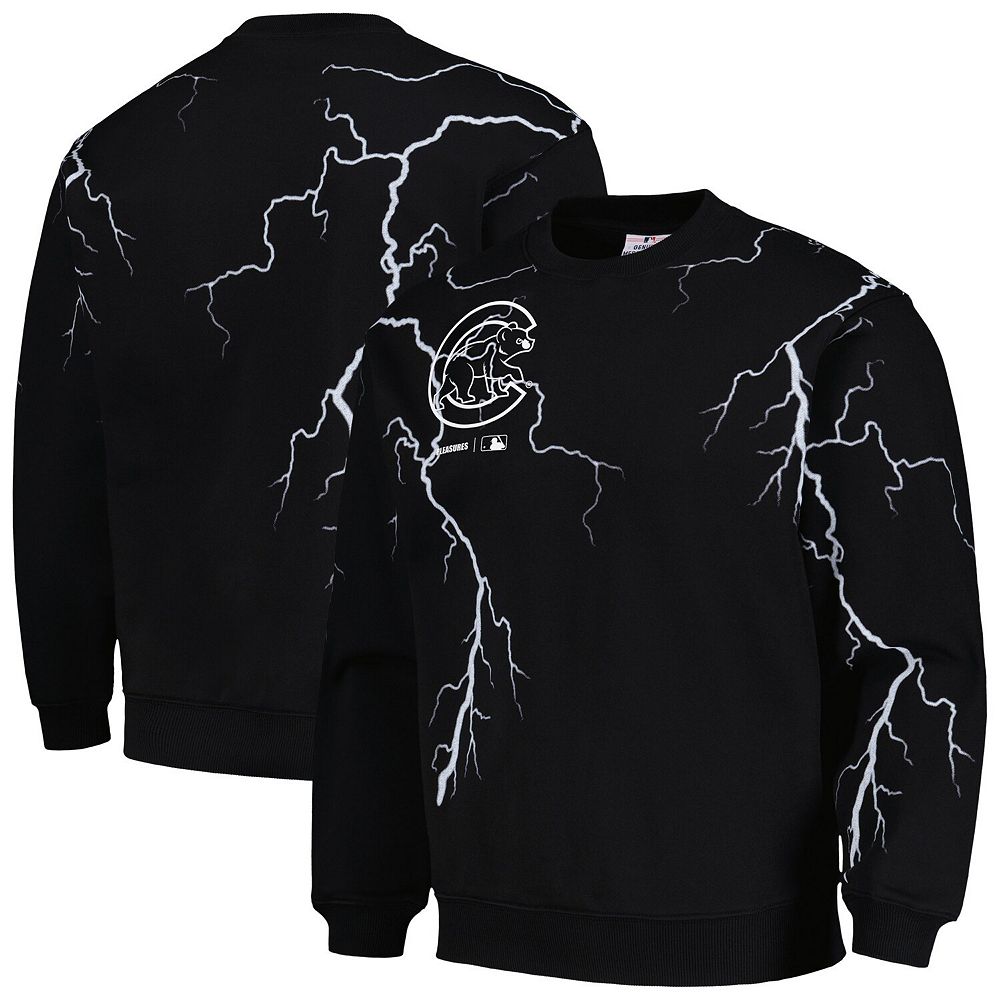 Men's PLEASURES Black Chicago Cubs Lightning Crewneck Pullover Sweatshirt