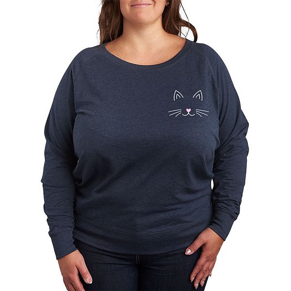 Plus Size Cat Face French Terry Long Sleeve Tee