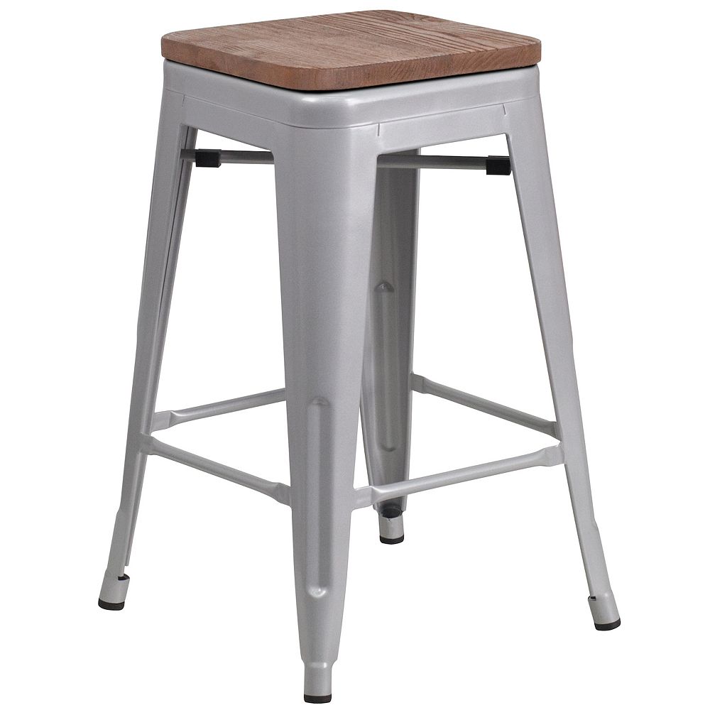 Merrick Lane Dalton Series Backless Metal Dining Stool with Wooden Seat ...
