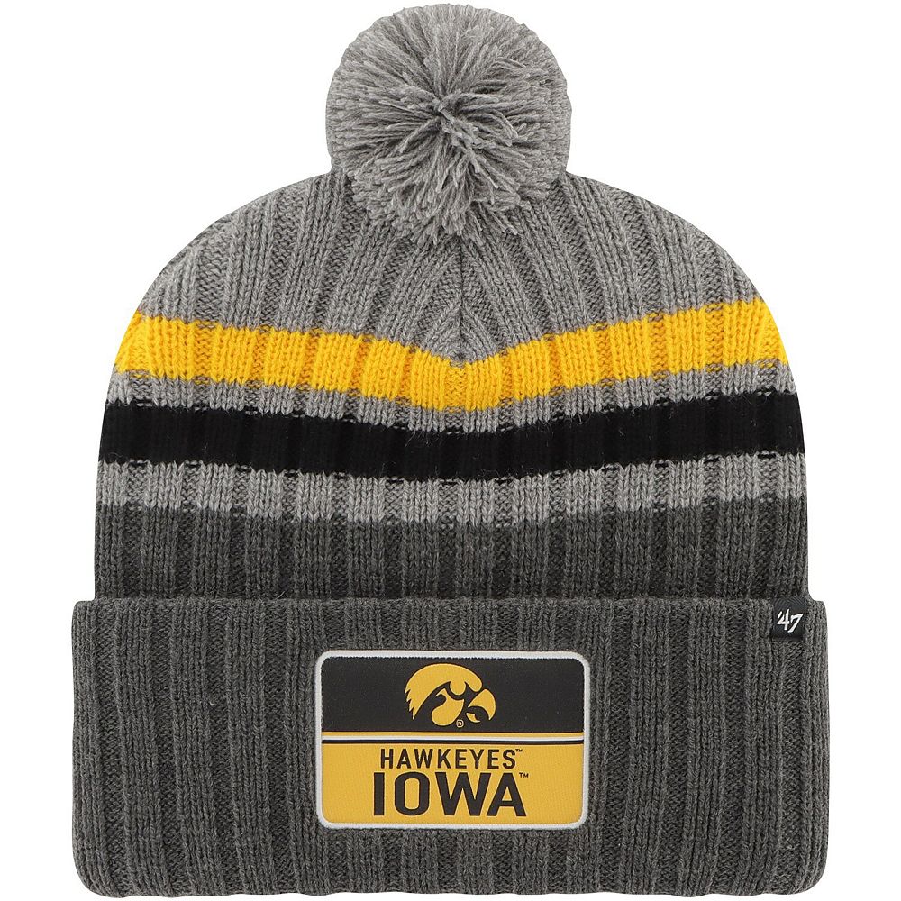 Men's '47 Charcoal Iowa Hawkeyes Stack Striped Cuffed Knit Hat with Pom