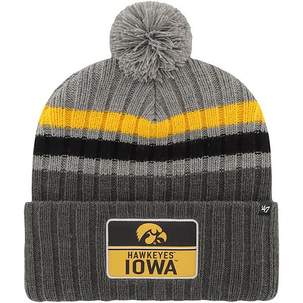 Men's '47 Charcoal Iowa Hawkeyes Stack Striped Cuffed Knit Hat with Pom
