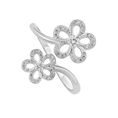 PRIMROSE Sterling Silver Pave Cubic Zirconia Double Flower Polished Bypass Ring