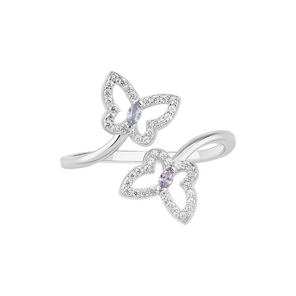 PRIMROSE Sterling Silver Lavender Cubic Zirconia & Simulated Aquamarine Double Butterfly Bypass Ring
