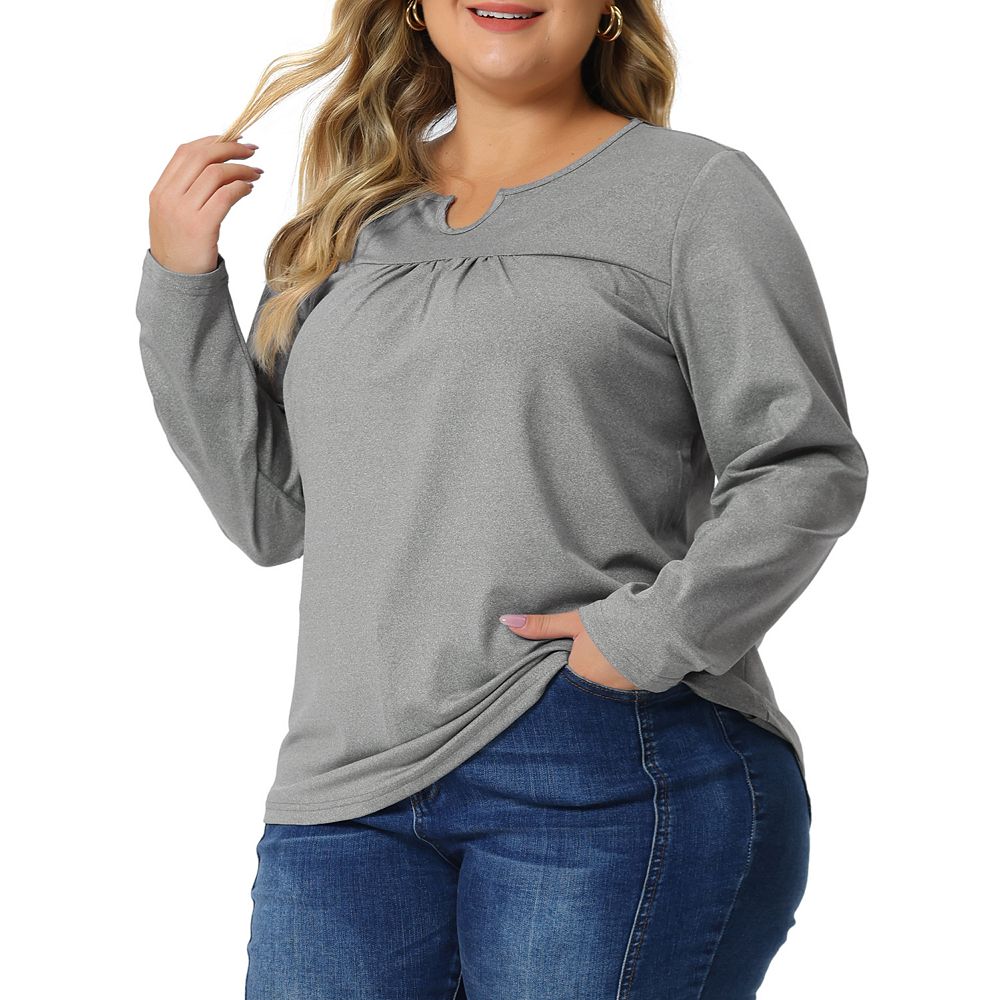 Plus Size Tops For Women Round Gathered Neck Long Sleeved T-shirts Loose Casual Tunic Blouses