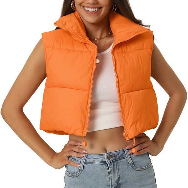 Women's Padded Vest High Stand Collar Lightweight Zip Crop Jacket ...