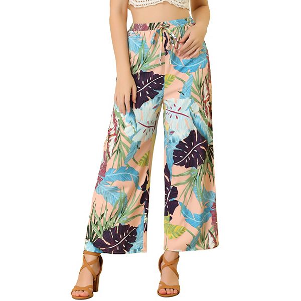 Women's Boho Floral High Waist Drawstring Tropical Wide Leg Pants