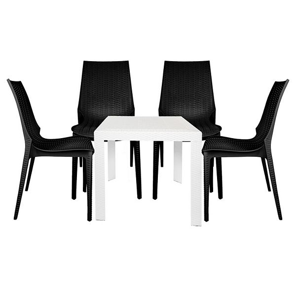 LeisureMod Kent Outdoor White Table With 4 Grey Chairs Dining Set