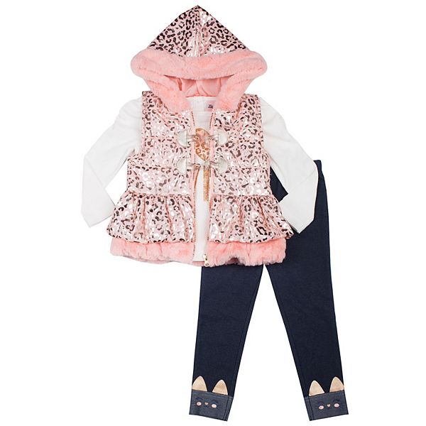 Baby Girl Little Lass "Love" Top, Hooded Puffer Vest & Leggings Set