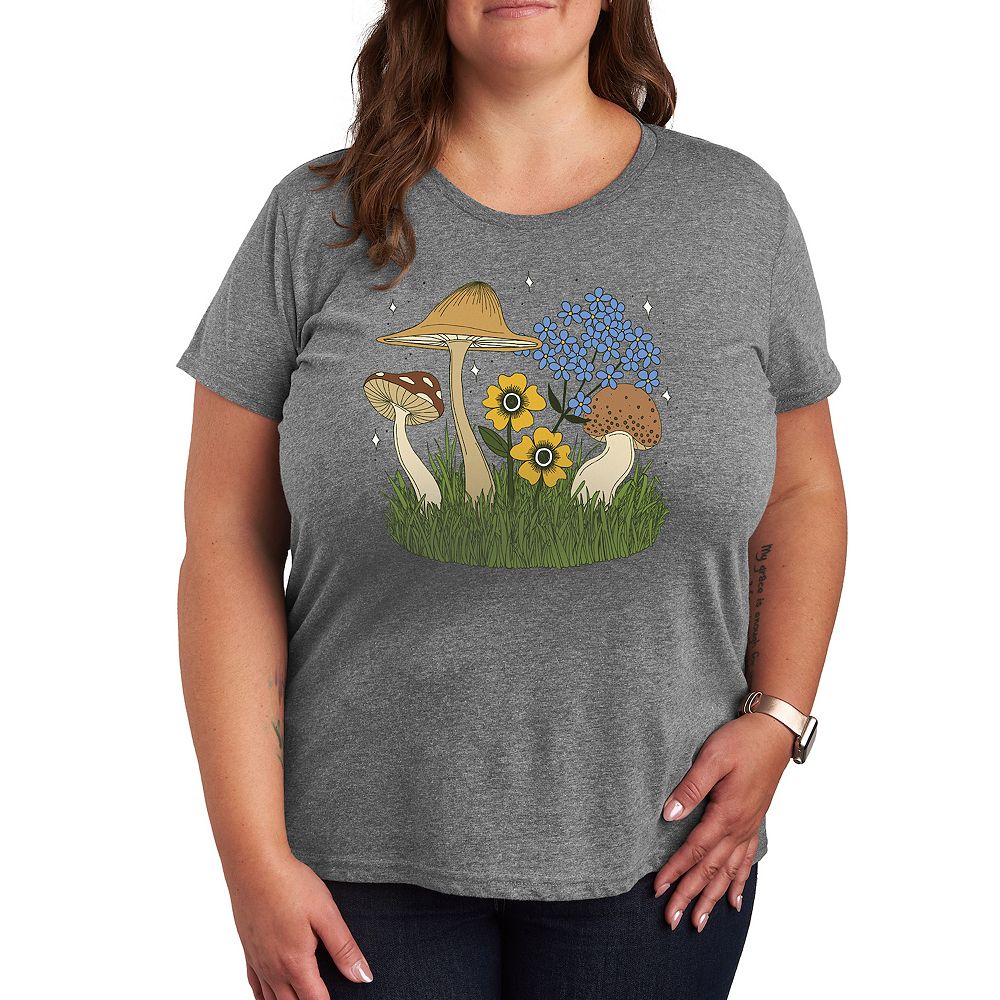 Plus Colorful Mushrooms and Flowers Graphic Tee