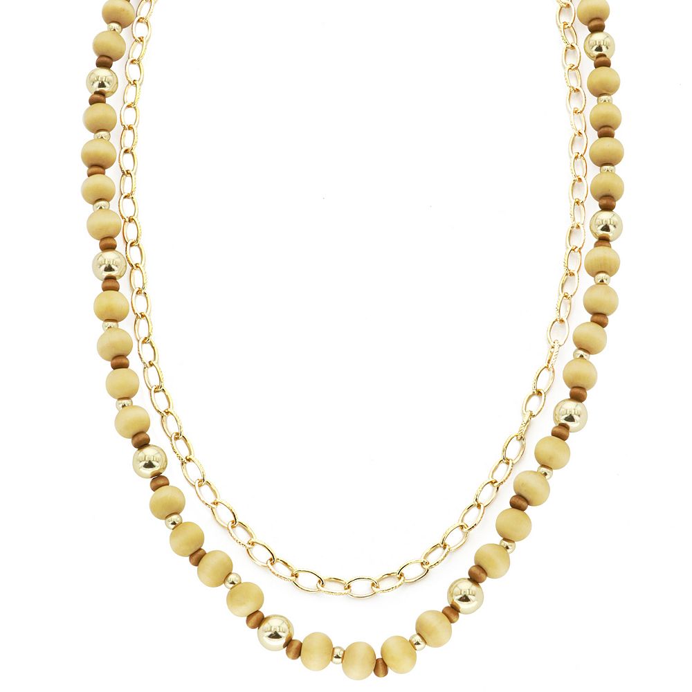 PANNEE BY PANACEA Gold Tone Wood Bead & Chain Double-Strand Necklace