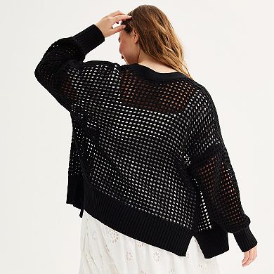 Juniors' Plus Pink Republic Open Stitch Mesh Cardigan