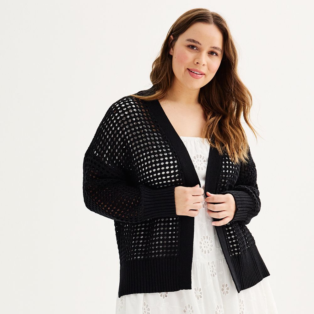 Juniors' Plus Pink Republic Open Stitch Mesh Cardigan
