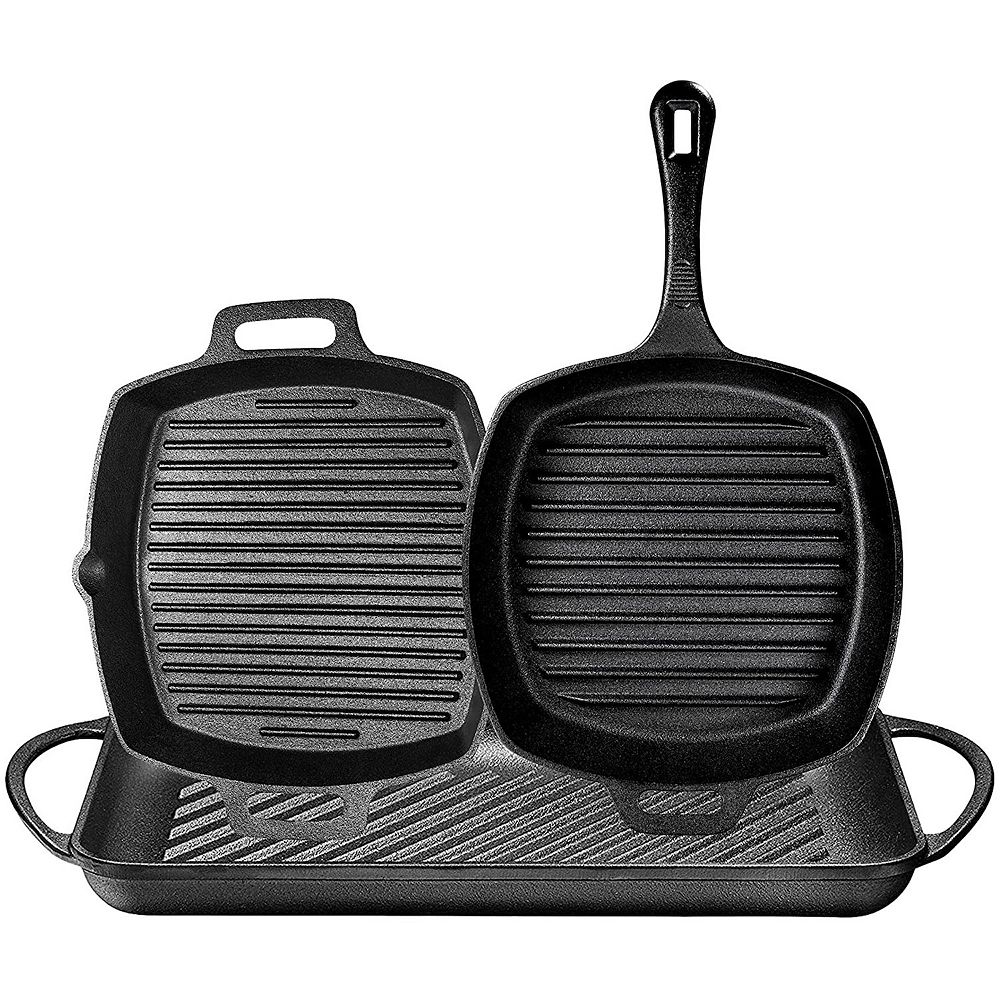 Pre Seasoned Cast Iron 3 Pieces Grill Bundle Gift Set, Rectangular ...