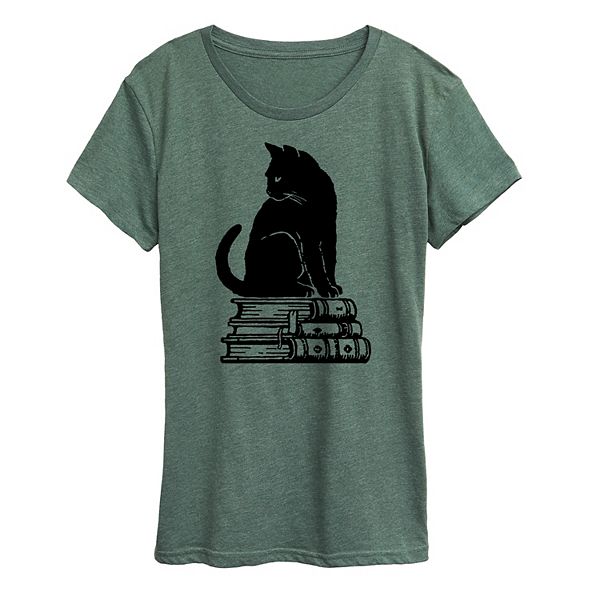 Women's Black Cat on Books Graphic Tee
