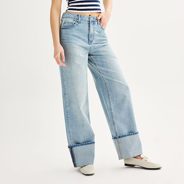 Juniors' Tinseltown High Rise Wide Leg Cuffed Jeans