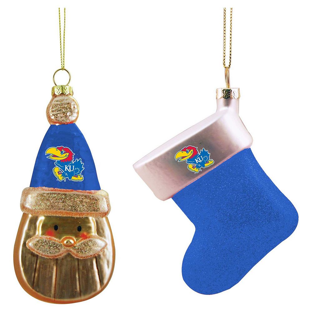 Kansas Jayhawks Two-Pack Snowman & Stocking Blown Glass Ornament Set