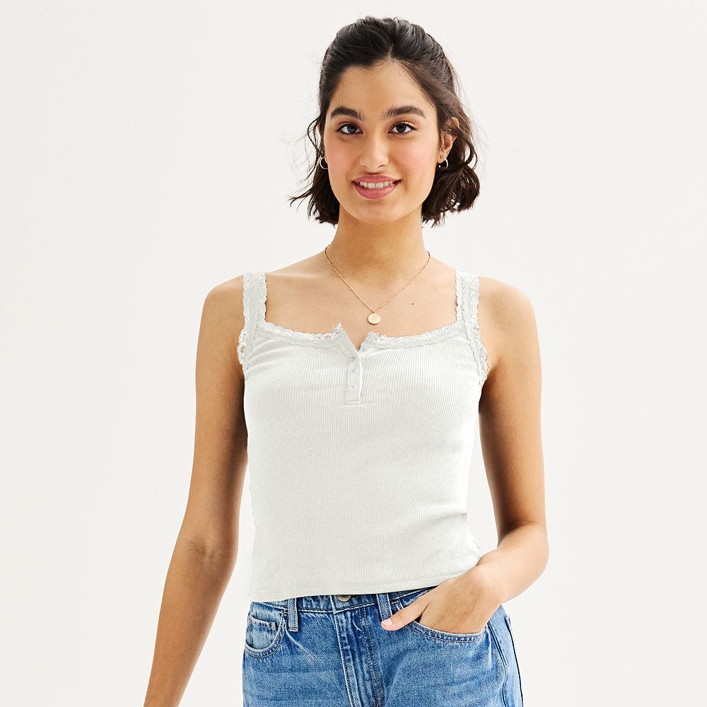 Juniors' SO® Lace Trim Henley Cami