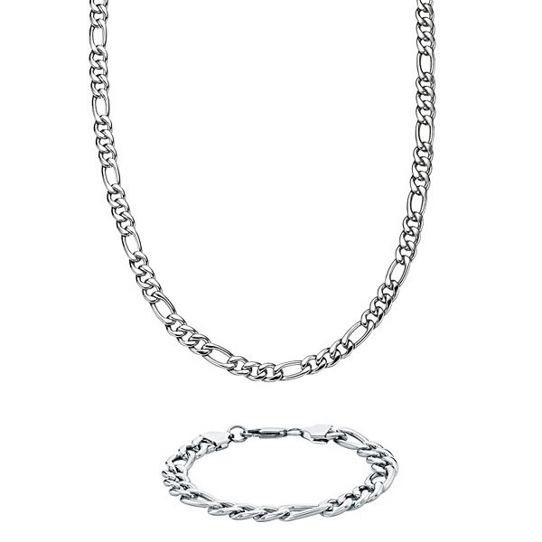 LYNX Stainless Steel 9MM Figaro Chain Men's Bracelet and Necklace Set