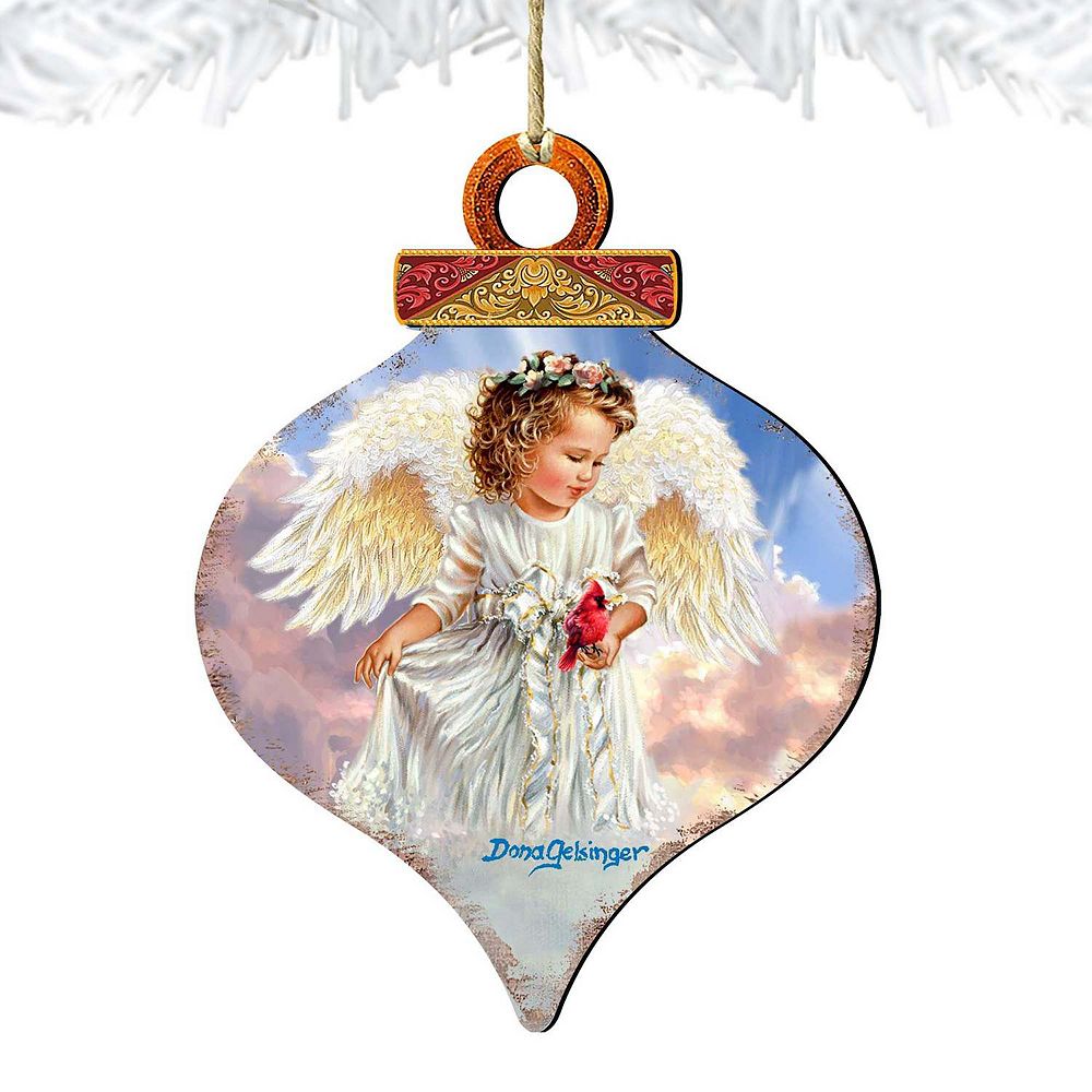 Set of 2 - Angel with Cardinal Wooden Holiday Ornaments by Gelsinger ...