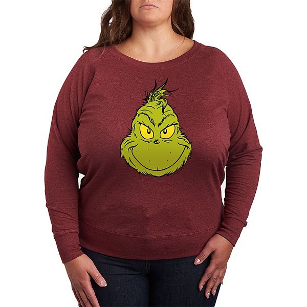 Plus Size Dr. Seuss The Grinch Face French Terry Long Sleeve Tee