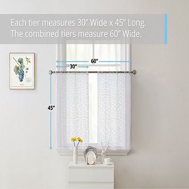 HLC.me Audrey Embroidered Sheer Voile Window Curtain Short Rod Pocket Tiers, Set of 2