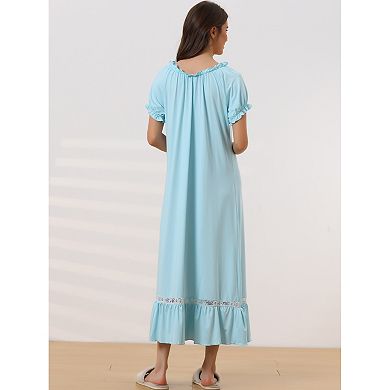 Women's Victorian Ruffle Short Sleeve Tie Neck Pajama Sleep Dress