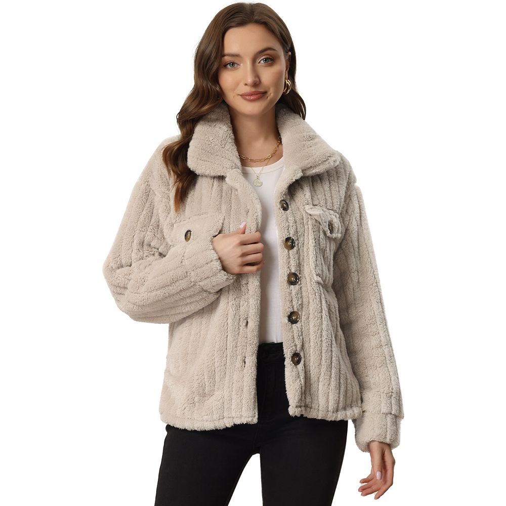 Women Fleece Jacket Fall Winter Button Down Long Sleeve Soft Fuzzy ...