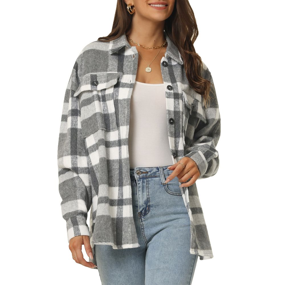 Womens' Fall Winter Button Front Closure Long Sleeve Plaid Jacket with ...