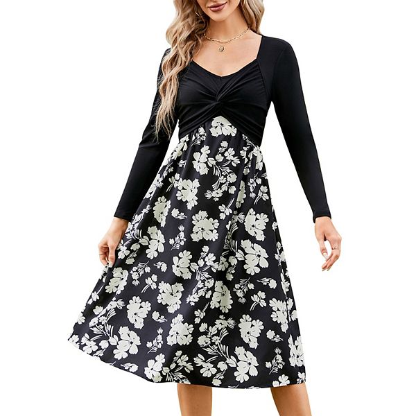 Women's Long Sleeve Vintage Floral Patchwork Dress Flared A-line Swing ...