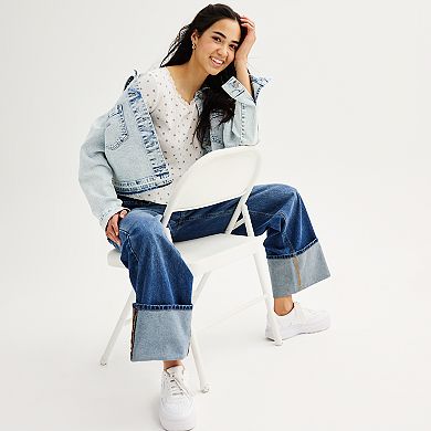 Juniors' Pink Republic Lace Trim Scoop Neck Top