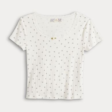 Juniors' Pink Republic Lace Trim Scoop Neck Top