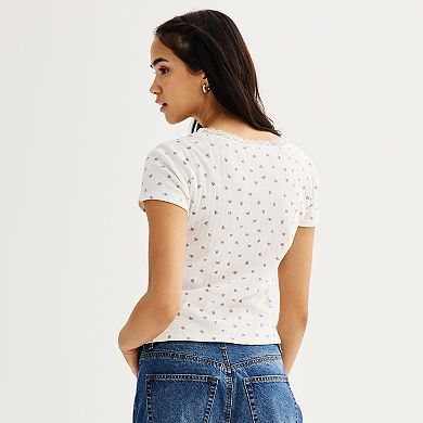 Juniors' Pink Republic Lace Trim Scoop Neck Top