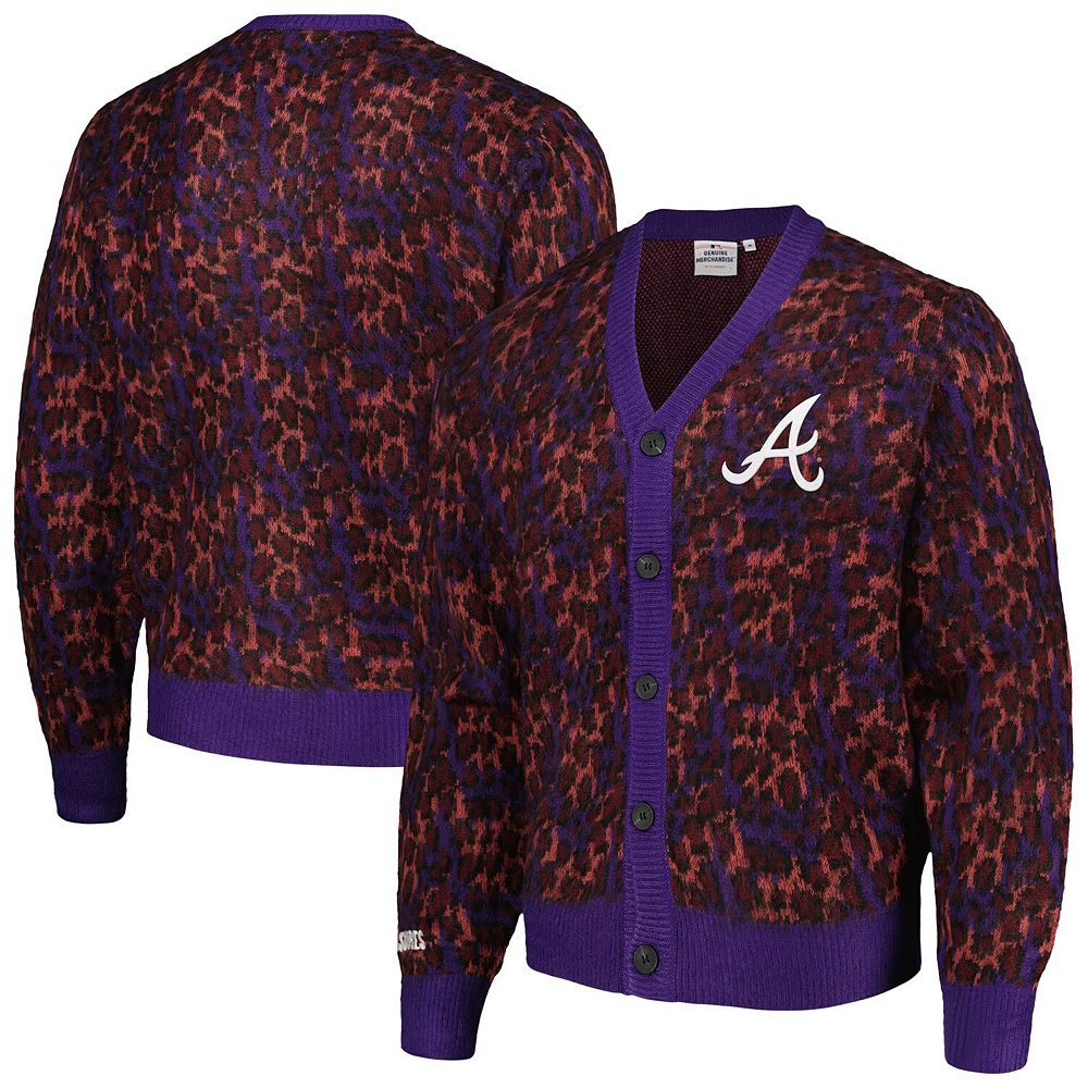 Men's PLEASURES Purple Atlanta Braves Cheetah Cardigan Button-Up Sweater
