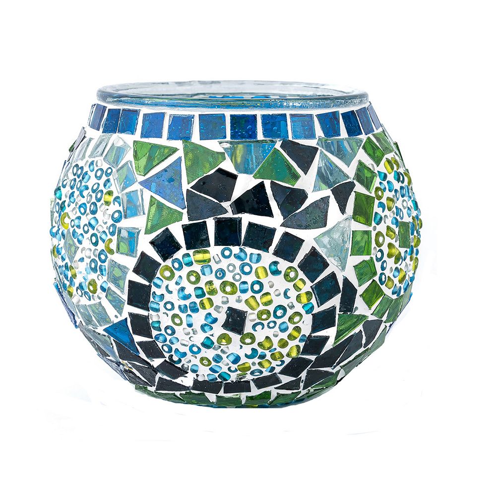 3.4 in. Handmade Turquoise and White Mosaic Glass Votive Candle Holder