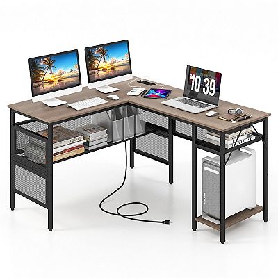 L shaped Computer Desk With Charging Station And Adjustable Shelf Grey
